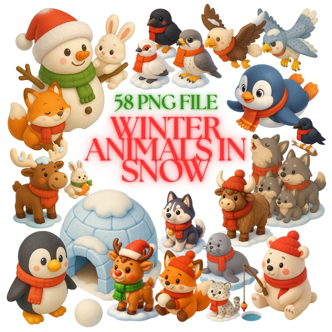 Winter Animal Clipart Set, Watercolor Snow PNG Bundle (58 Files) - Etsy