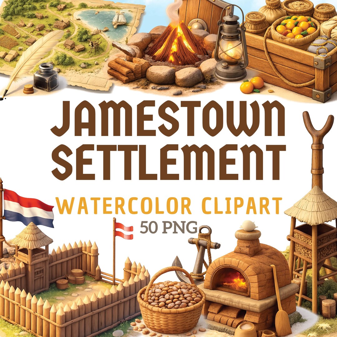 Jamestown Settlement Clipart – 50 PNG Watercolor Colonial Village and ...