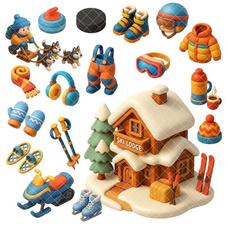 Winter Sports Clipart – 3D Snow Activities, Ski Lodge Graphics (60 PNG ...