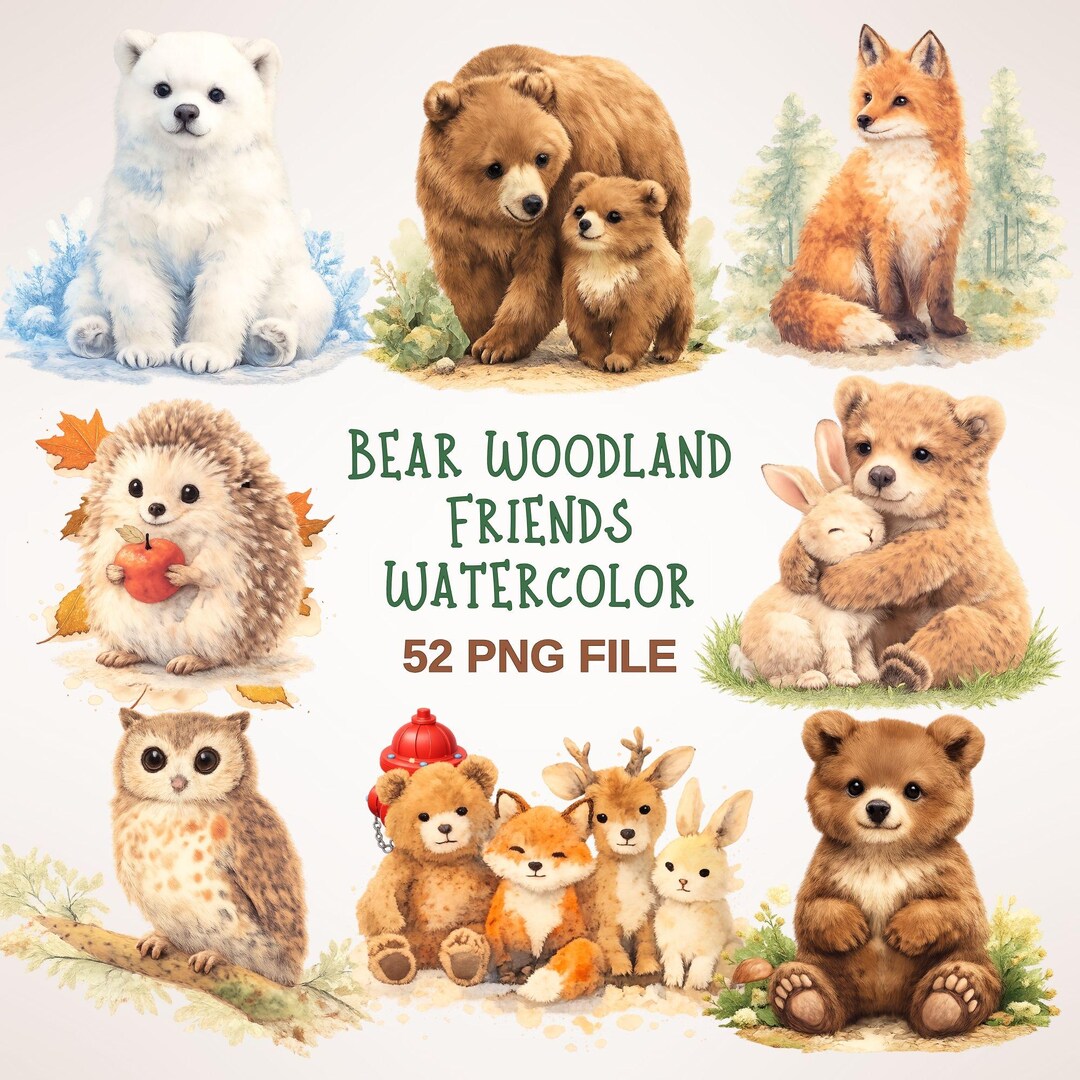 Woodland Bear Clipart Bundle - 52 Watercolor Forest Animals PNG for ...