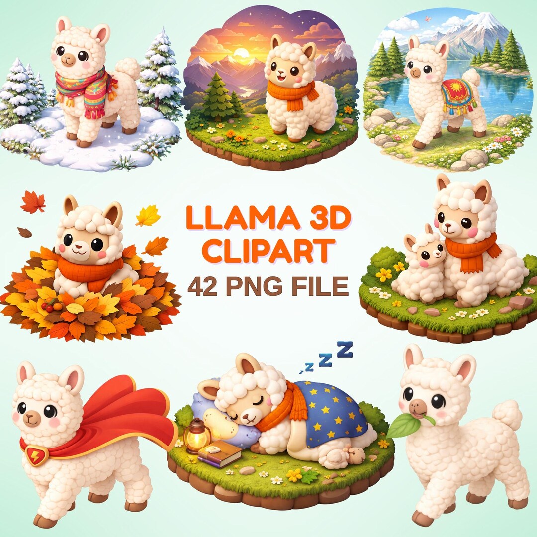 Llama 3D Clipart Bundle | 42 PNG Cute Llama Characters, Seasons, Baby ...