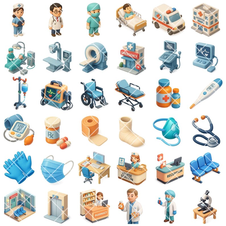 Medical Clipart Set | 3D Doctor, Nurse, Hospital PNG Icons (62 Files ...