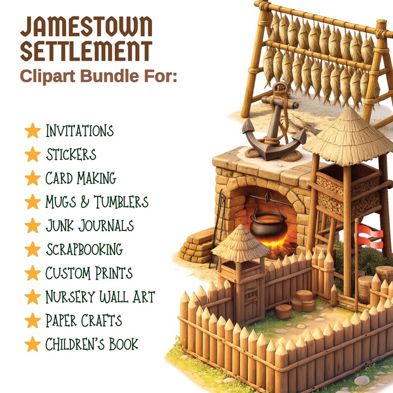 Jamestown Settlement Clipart – 50 PNG Watercolor Colonial Village and ...