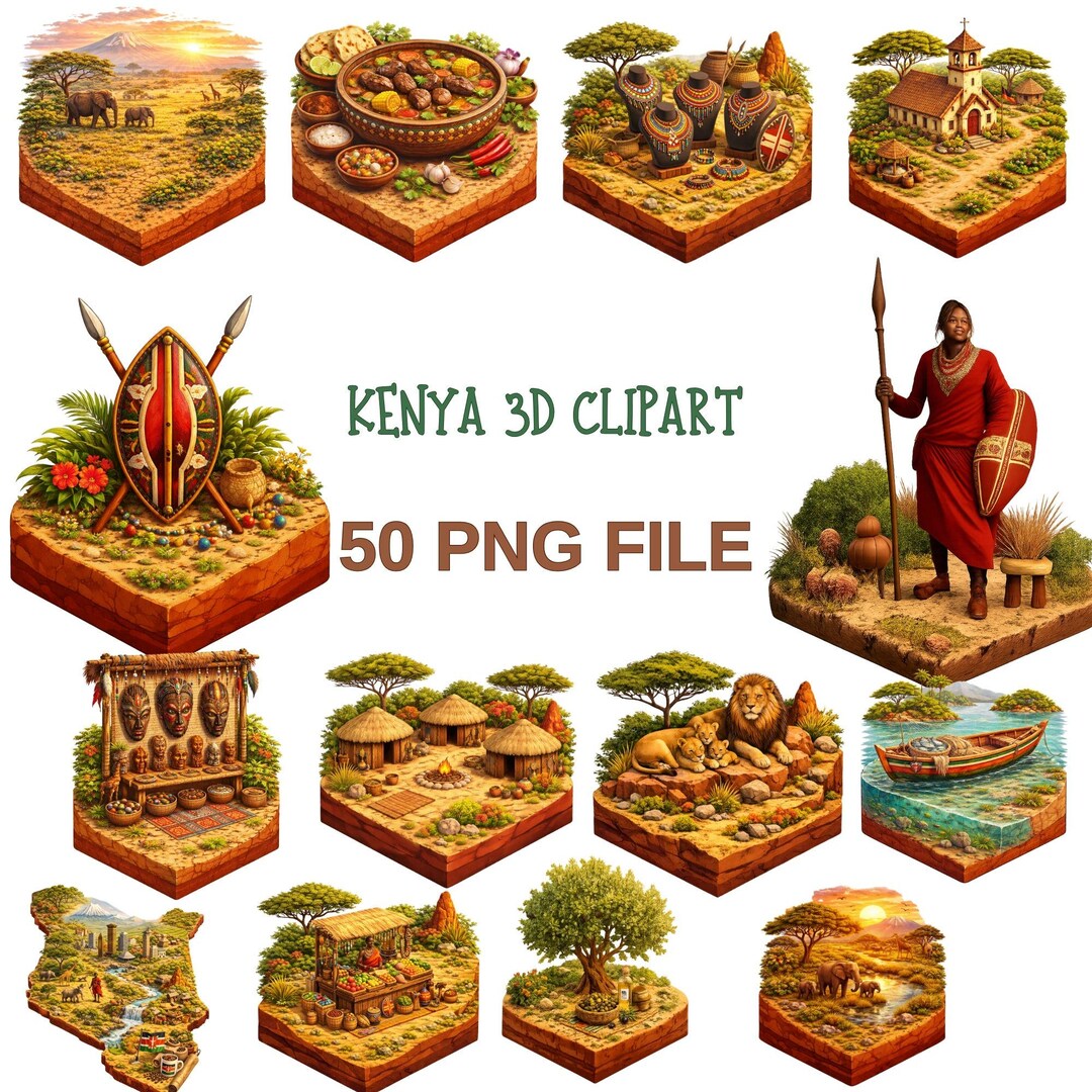 Kenya 3D PNG Clipart Bundle | 50 African Culture, Wildlife, Village ...