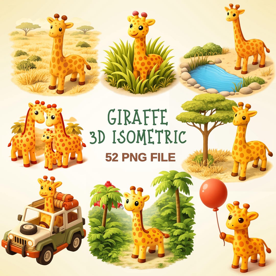 3D Giraffe Clipart Bundle - 52 Isometric Jungle Pngs for Kids, Safari ...