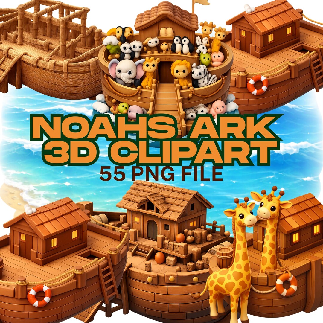 Noahs Ark 3D Clipart Bundle - 55 Cute Animal PNG Files for Bible Crafts ...