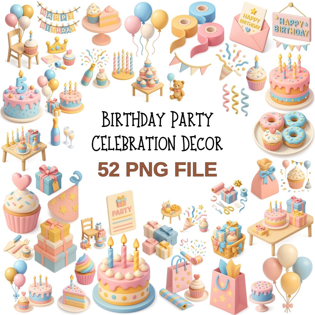 Birthday Party Clipart Bundle | Cakes, Balloons, Gifts (52 PNG Files ...