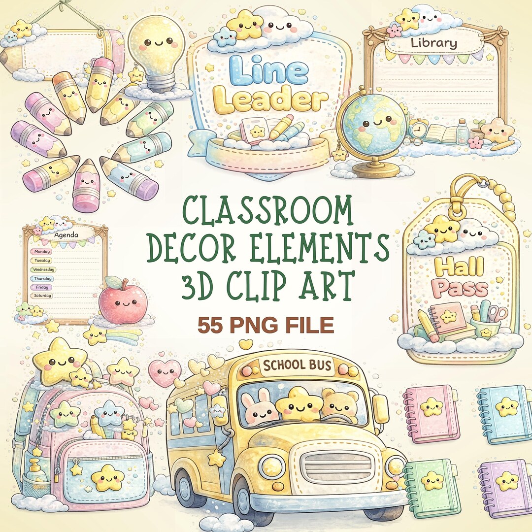 Kawaii Classroom Decor Clipart – 3D School Elements, Teacher Printables ...