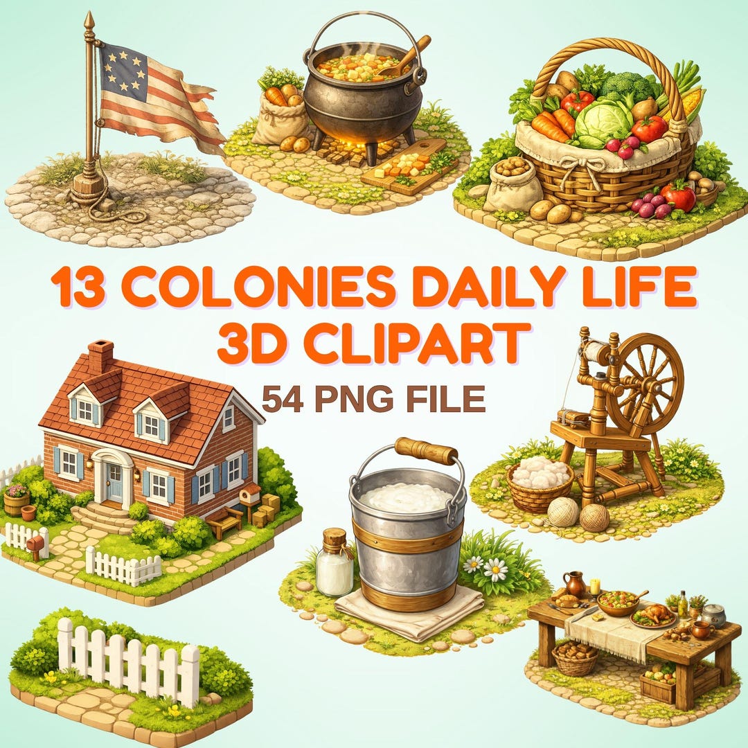 13 Colonies Daily Life 3D Clipart | Colonial America PNG Bundle | 54 ...