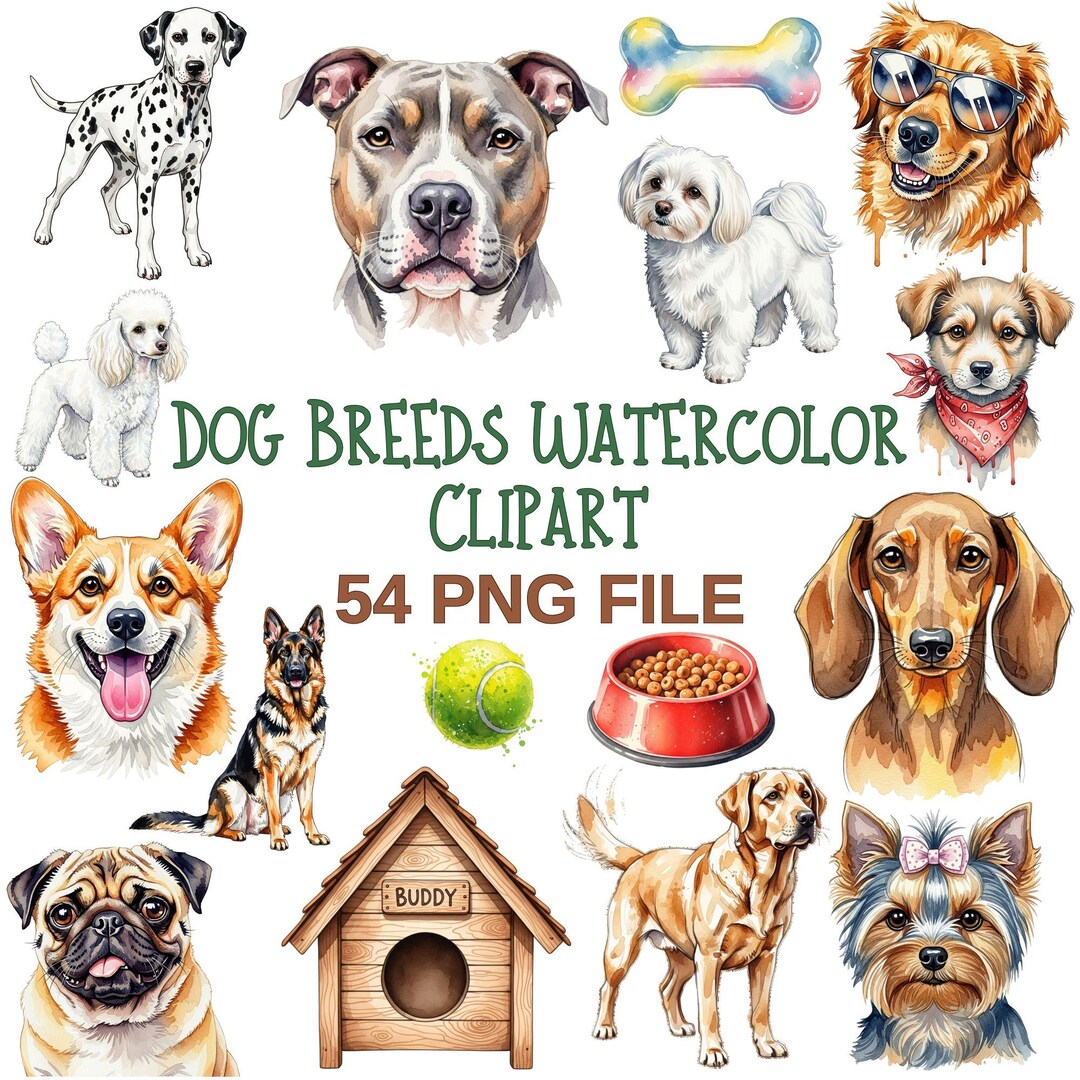 Dog Breeds Watercolor Clipart Bundle | 54 PNG Realistic Pet Dog ...