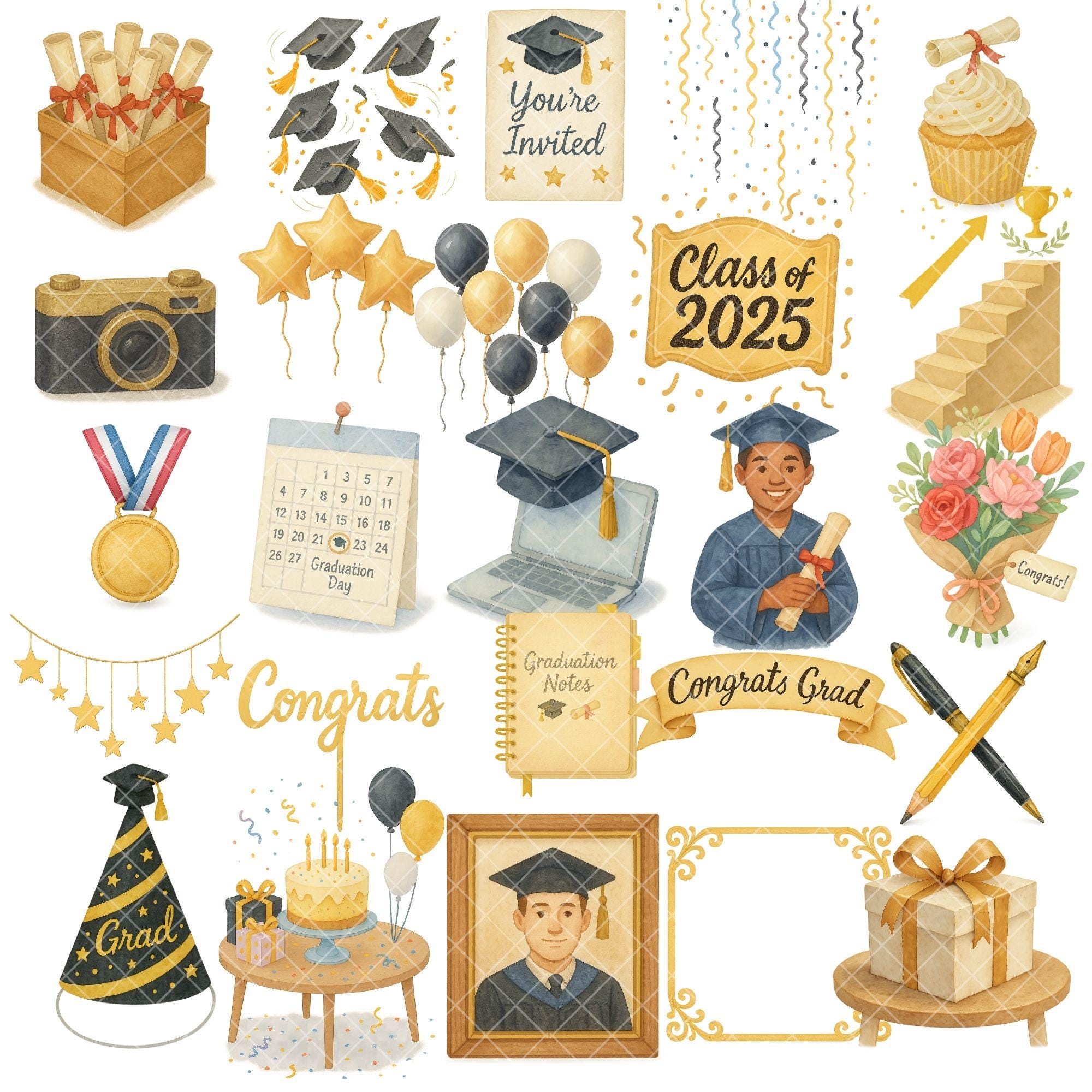 Graduation Watercolor Clipart Set, Congrats, Cap and Gown (55 PNG Files ...