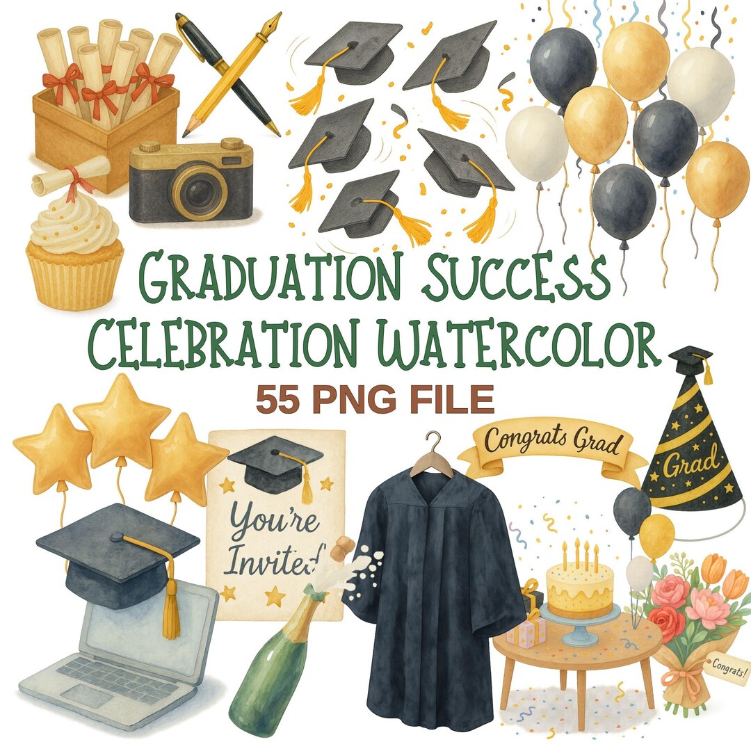 Graduation Watercolor Clipart Set, Congrats, Cap and Gown (55 PNG Files ...