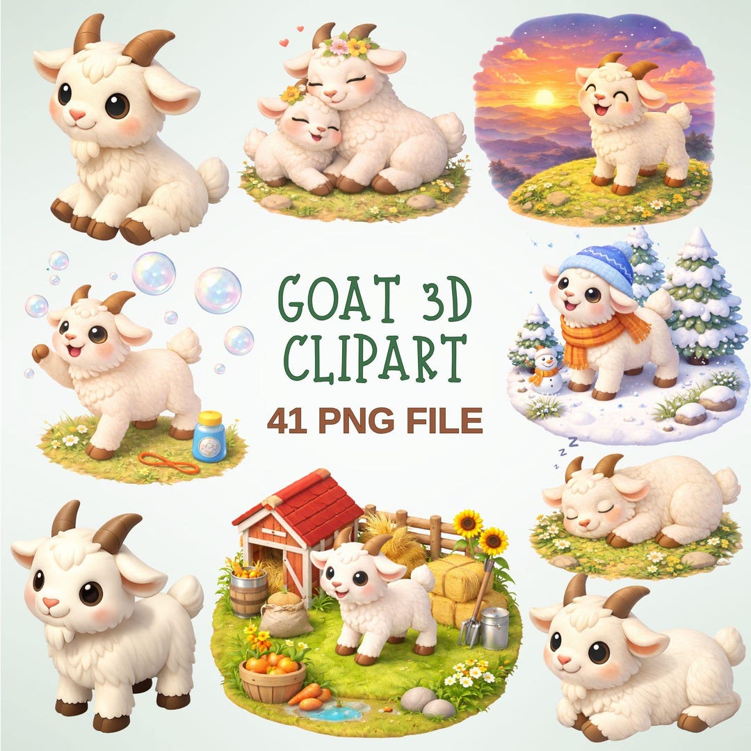 Goat 3D Clipart Bundle | 41 PNG Baby Goats, Farm Animals, Seasons ...