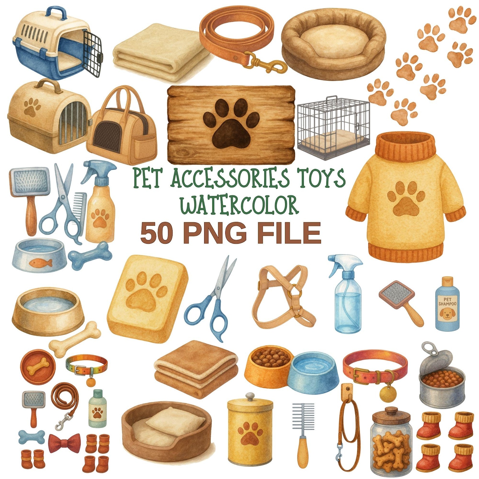 Watercolor Pet Accessories Clipart – 50 PNG Bundle (digital Download ...