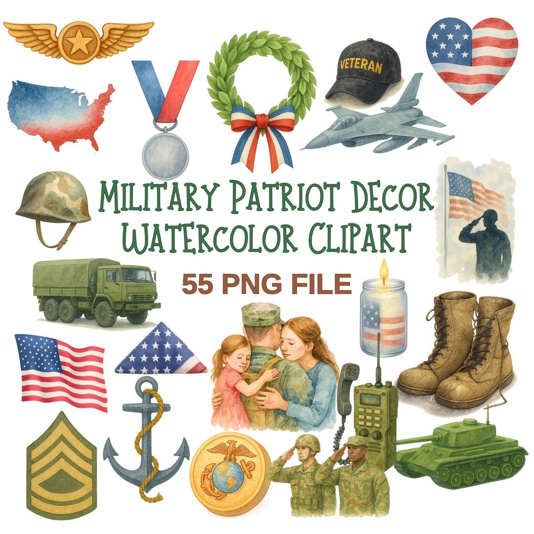 Military Patriotic Clipart Bundle - Watercolor Veteran Pngs - 4th of ...
