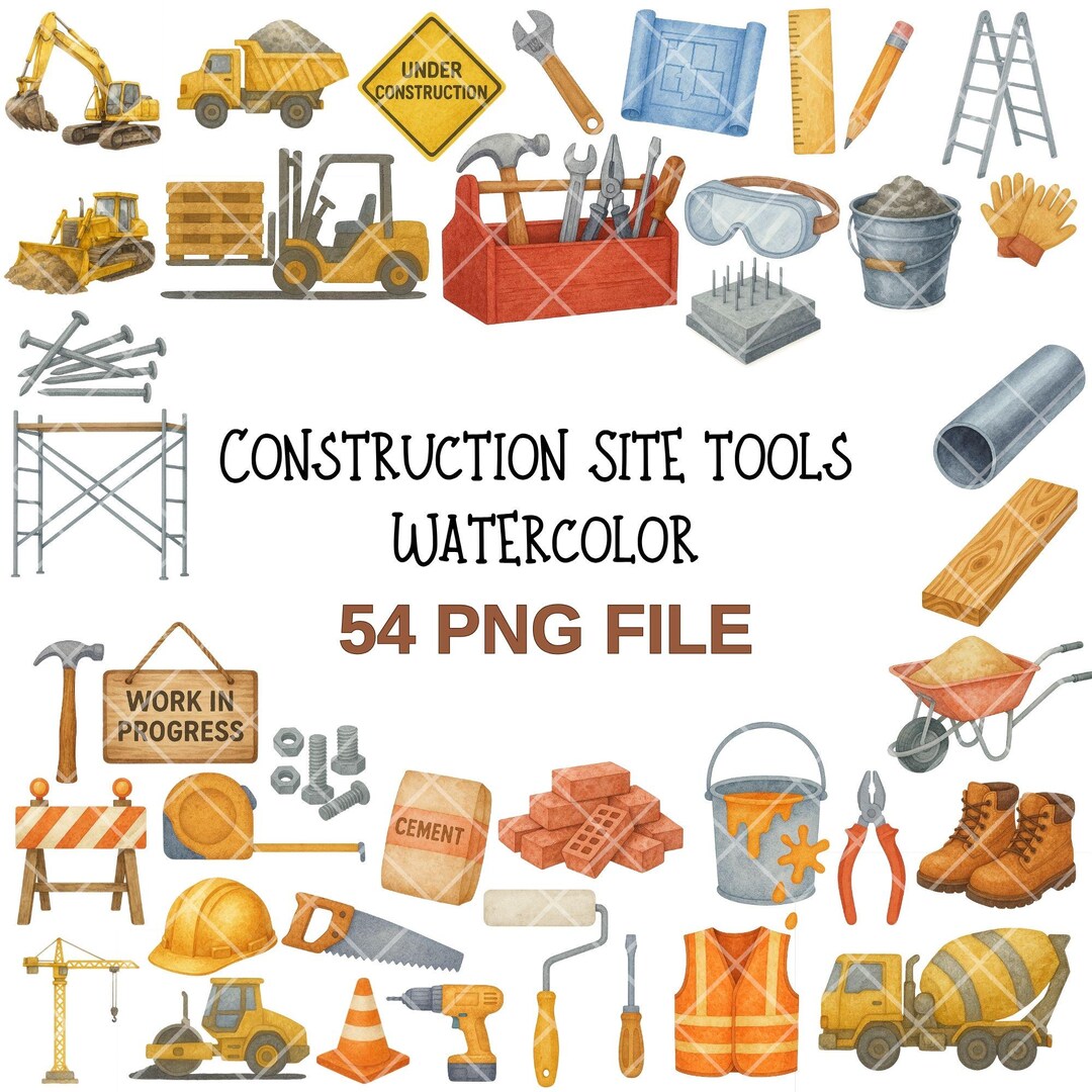 Watercolor Construction Clipart – 54 PNG Files, Tools & Vehicles ...