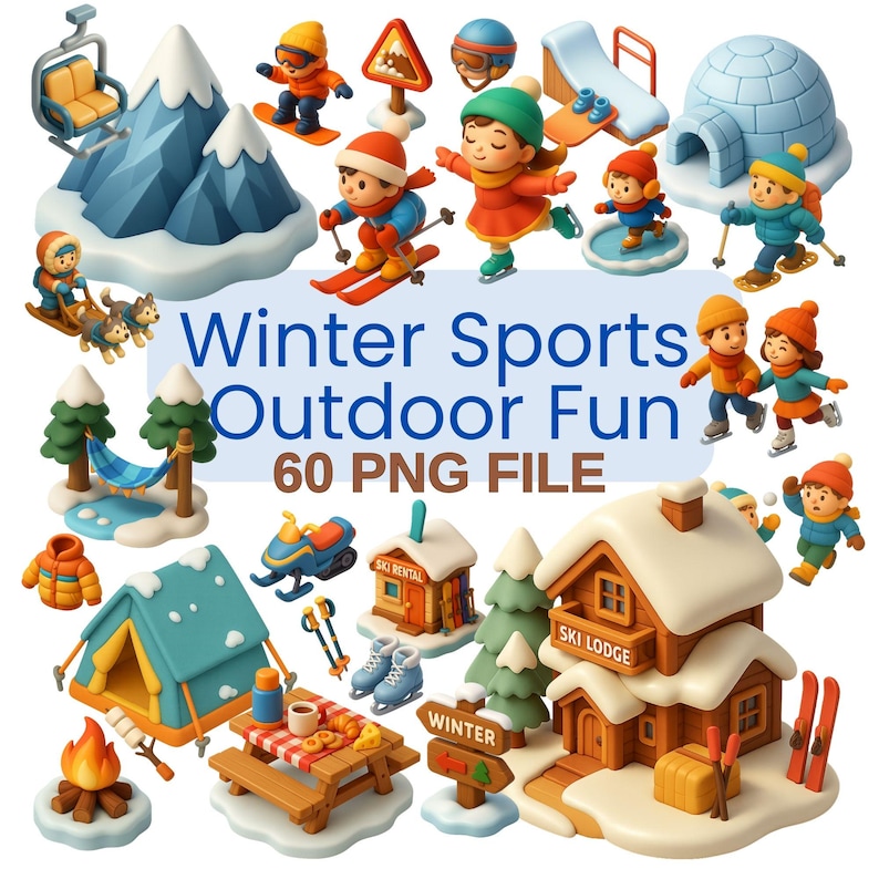 Winter Sports Clipart – 3D Snow Activities, Ski Lodge Graphics (60 PNG ...