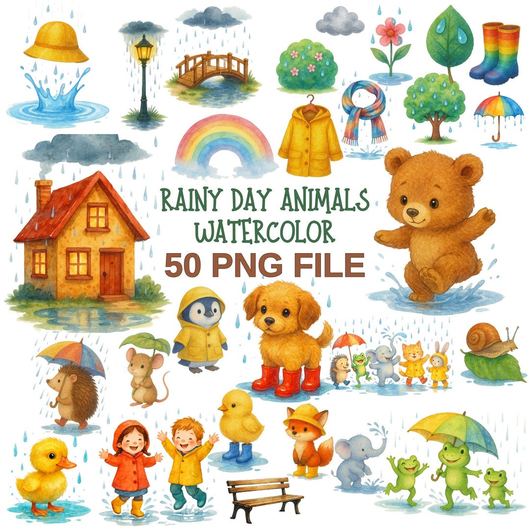 Rainy Day Animals Watercolor Clipart – 50 PNG Bundle (digital Download ...
