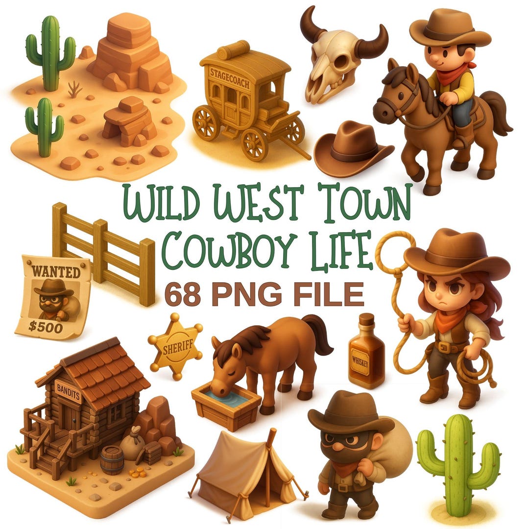 Wild West Cowboy Clipart: 68 PNG Town Illustrations (digital Download ...