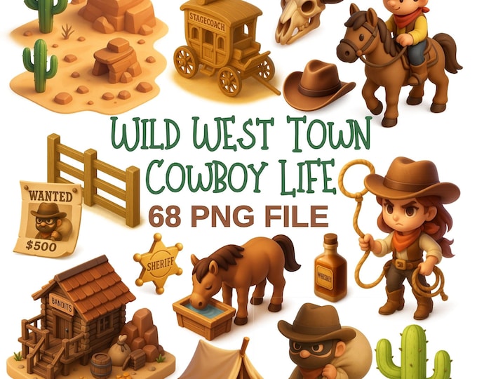 Wild West Watercolor Clipart Bundle: Cowboy Town, Cabin, Horses (PNG ...