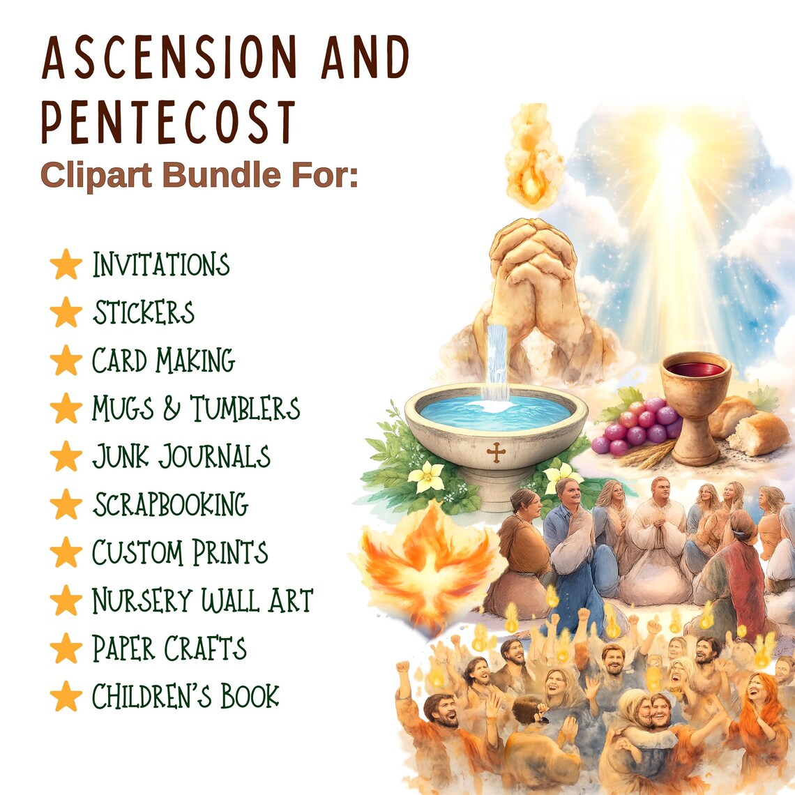 Ascension and Pentecost Watercolor Clipart Bundle 50 PNG Christian ...