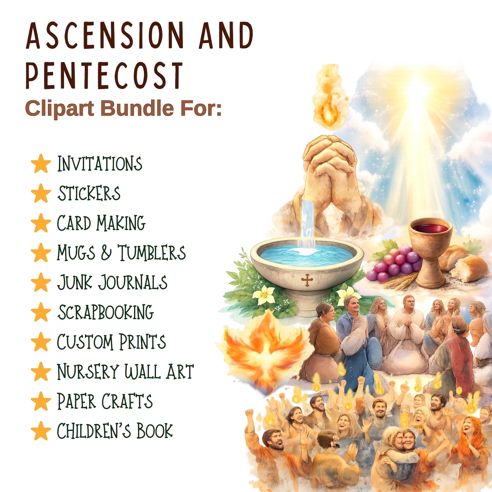 Ascension and Pentecost Watercolor Clipart Bundle 50 PNG Christian ...
