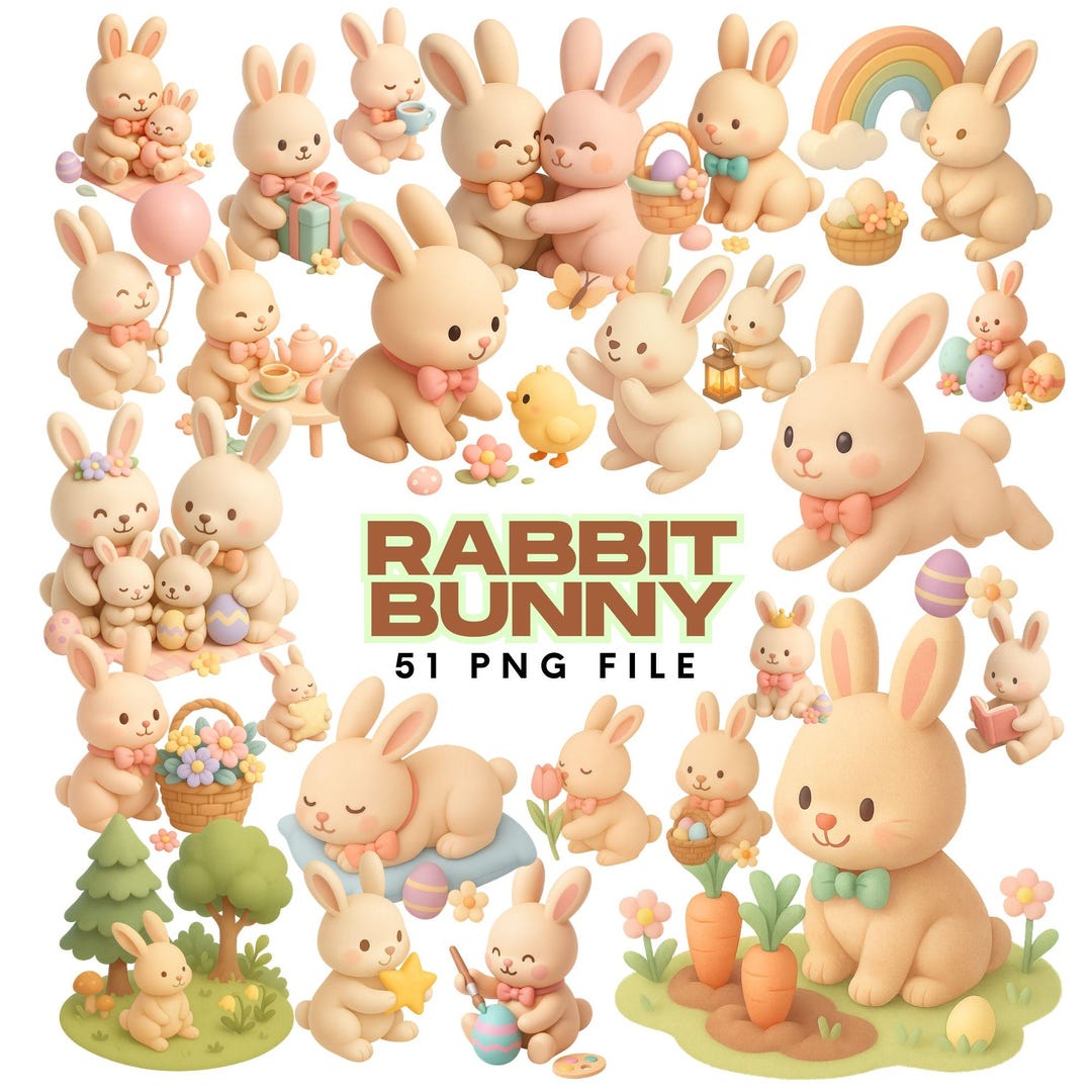 Pastel Easter Bunny Clipart – 51 Kawaii Rabbits, Chicks (PNG Digital ...