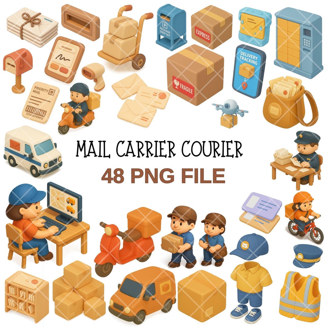 Mail Carrier Courier PNG Clipart Set – 48 Delivery Icons for Small ...