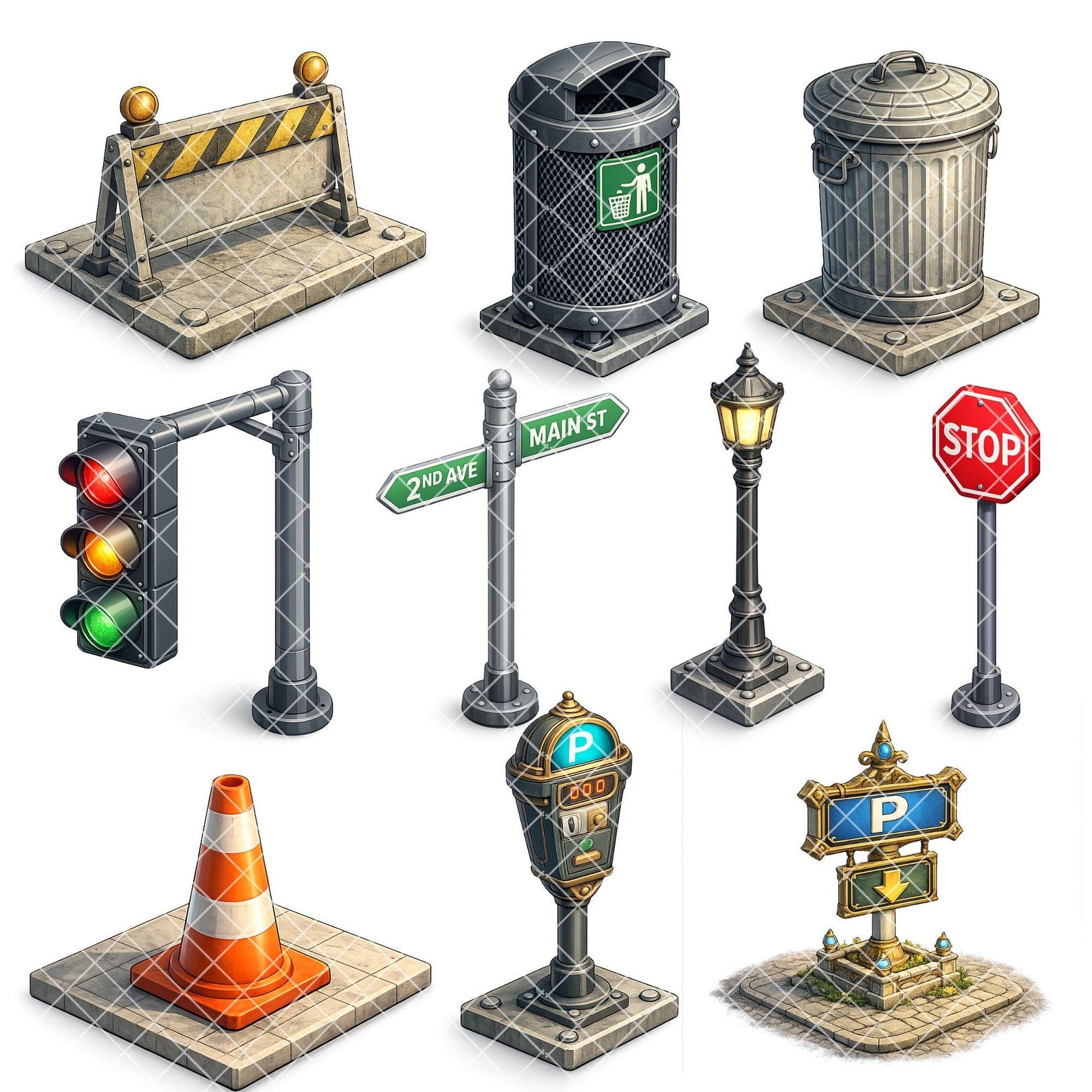 Modern Urban Props Clipart - 50 PNG for Games, City Maps, Story Scenes ...