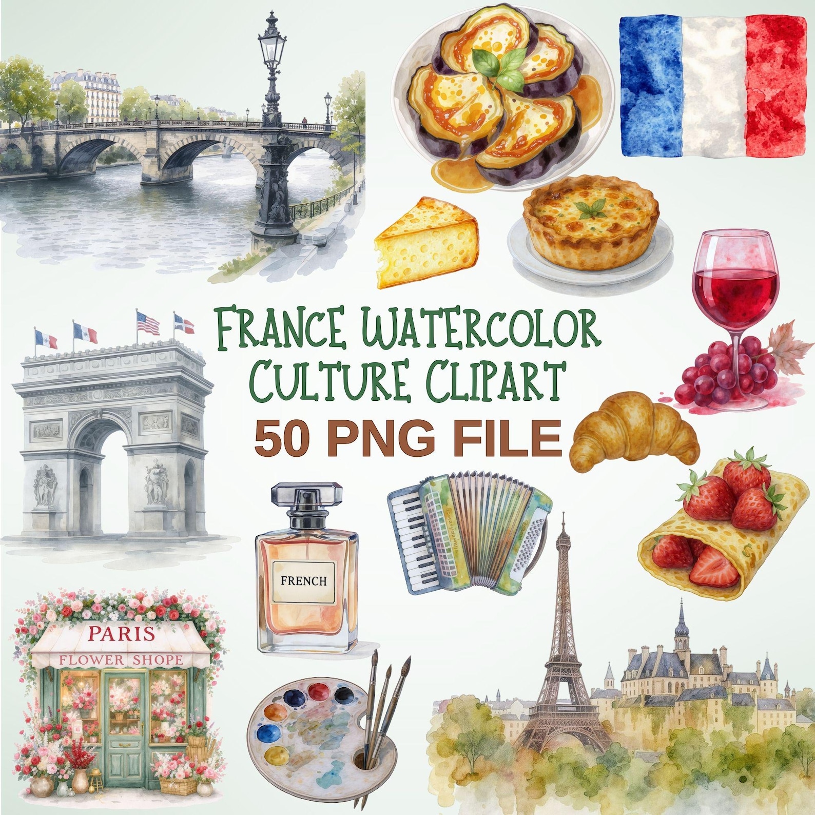 France Watercolor Culture Clipart | 50 PNG French Food, Landmarks ...