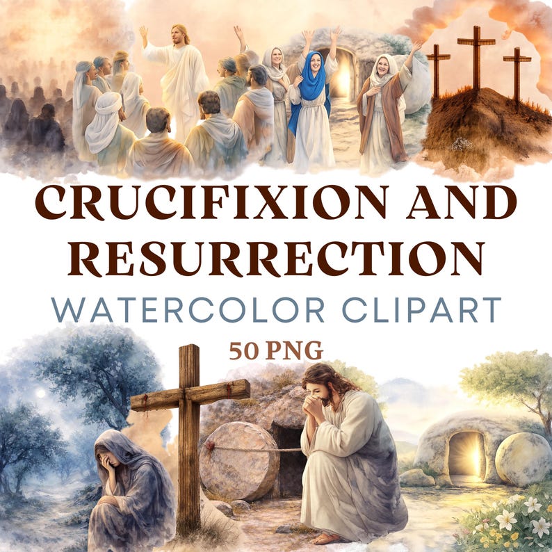Crucifixion and Resurrection Watercolor Clipart PNG Bundle, Christian ...