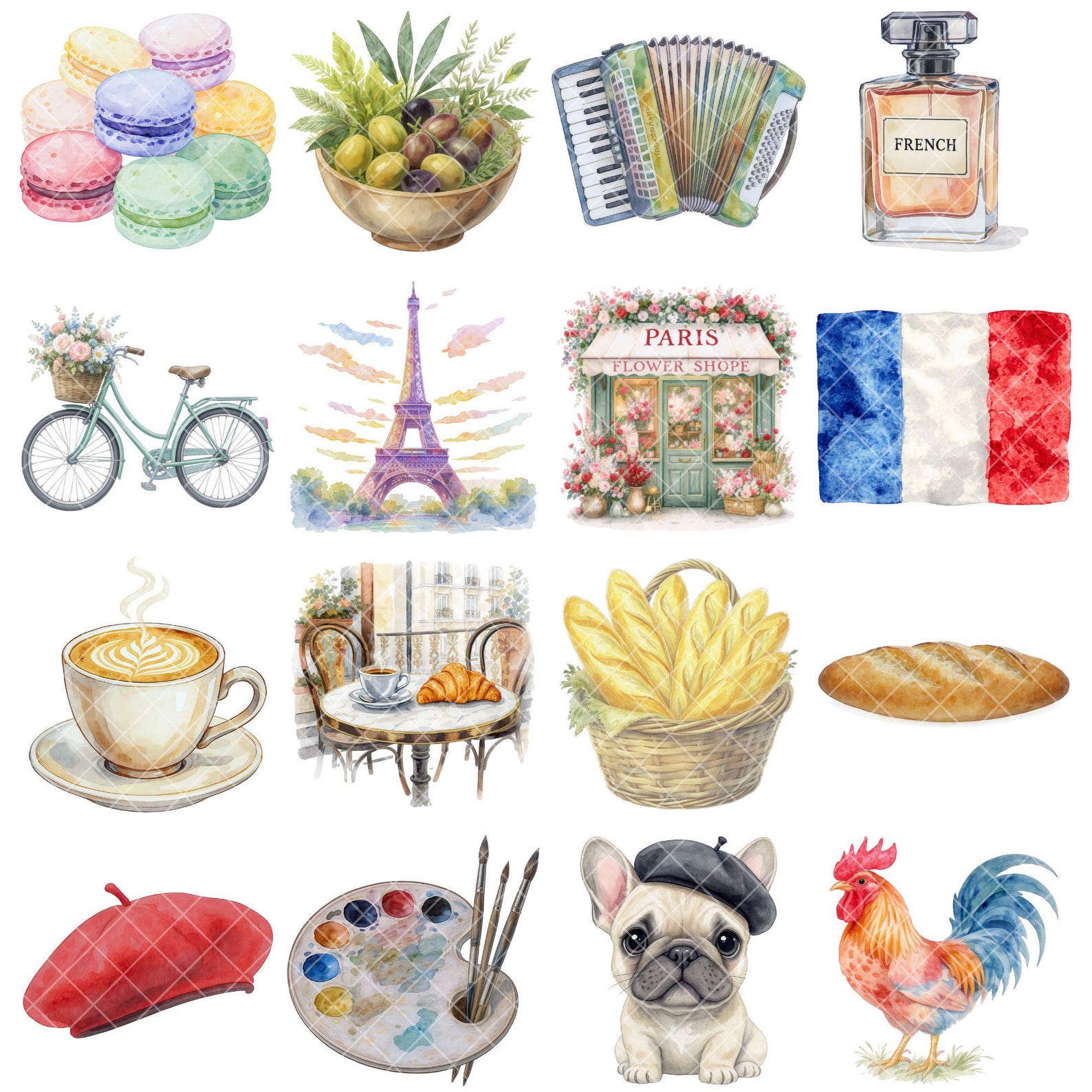 France Watercolor Culture Clipart | 50 PNG French Food, Landmarks ...
