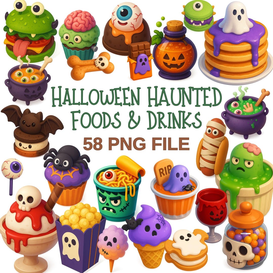 Halloween Food Clipart Bundle – 58 Spooky Kawaii PNG Graphics (digital ...