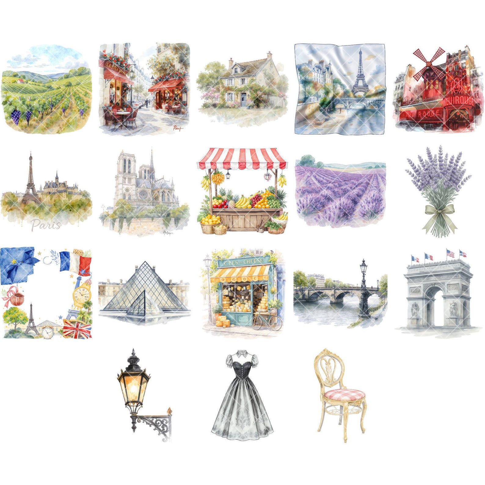 France Watercolor Culture Clipart | 50 PNG French Food, Landmarks ...