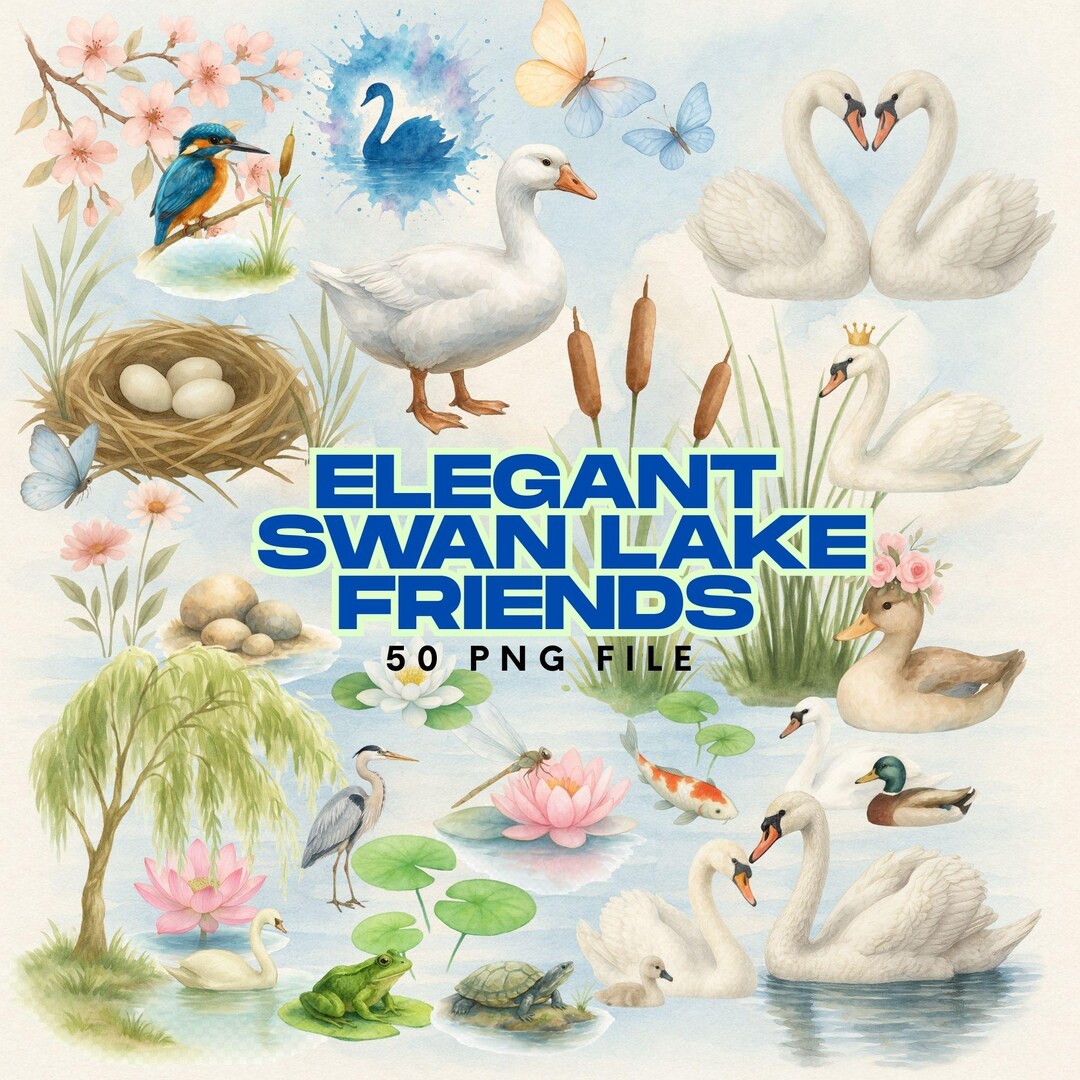 Swan Lake Watercolor Clipart – Elegant Pond Animals, Nature Art (50 ...