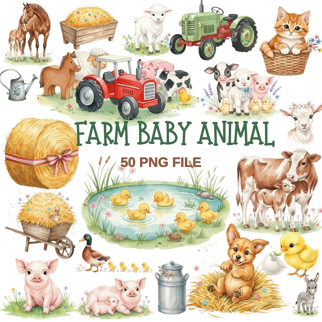 Farm Baby Animals Watercolor Clipart – Tractor PNG Bundle (digital ...
