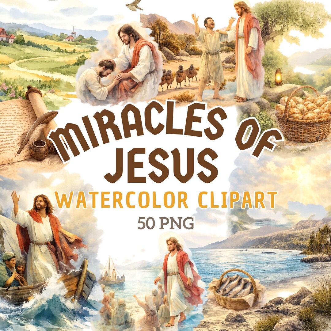 Miracles of Jesus Clipart – 50 PNG Watercolor Bible Scenes for Faith ...