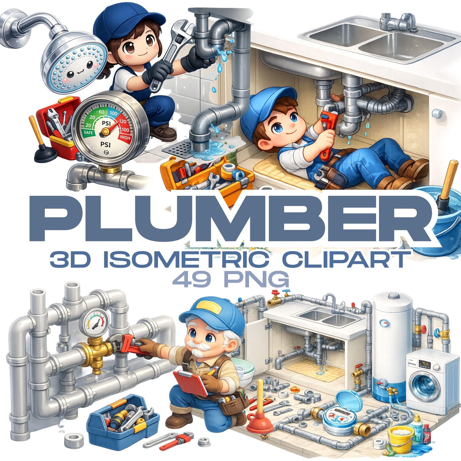 Plumber 3D Isometric Clipart | 49 PNG Plumbing Graphics | Repair Tools ...
