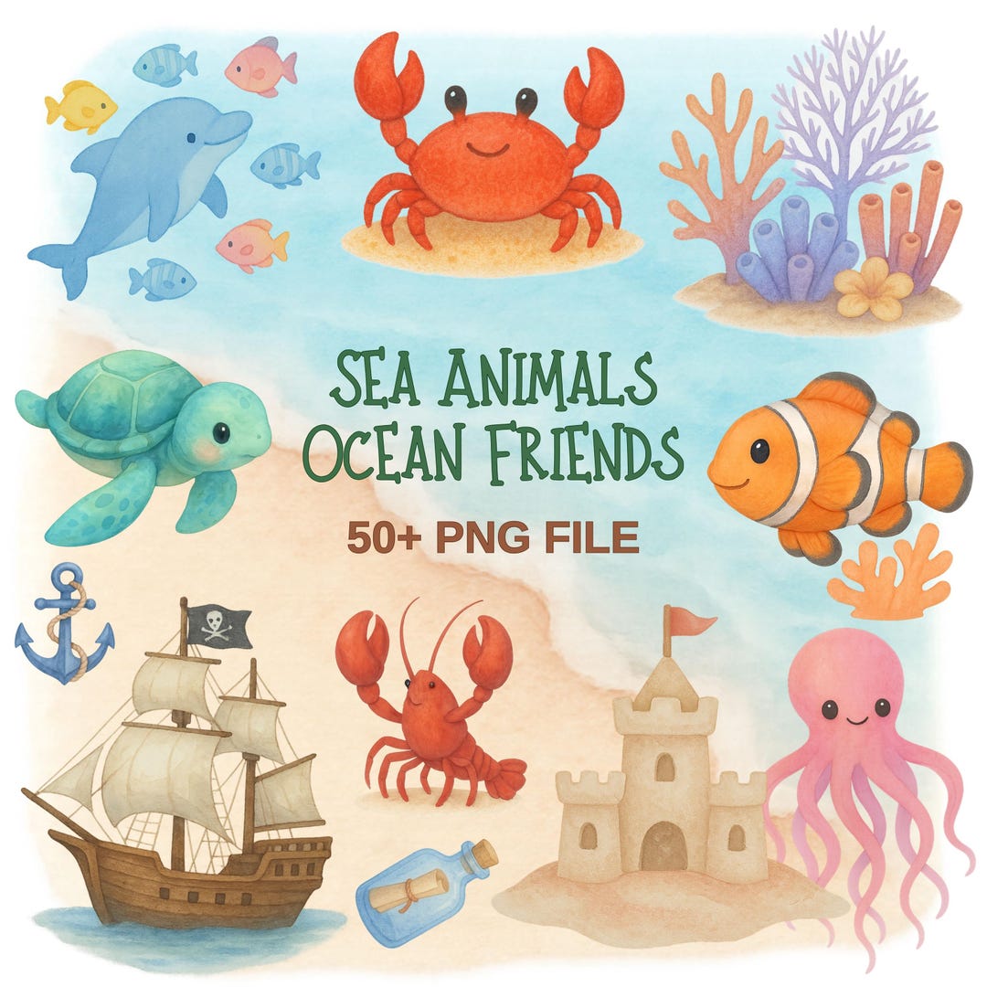Sea Animals PNG Bundle | 50+ Ocean Friends Clipart | Cute Marine Life ...