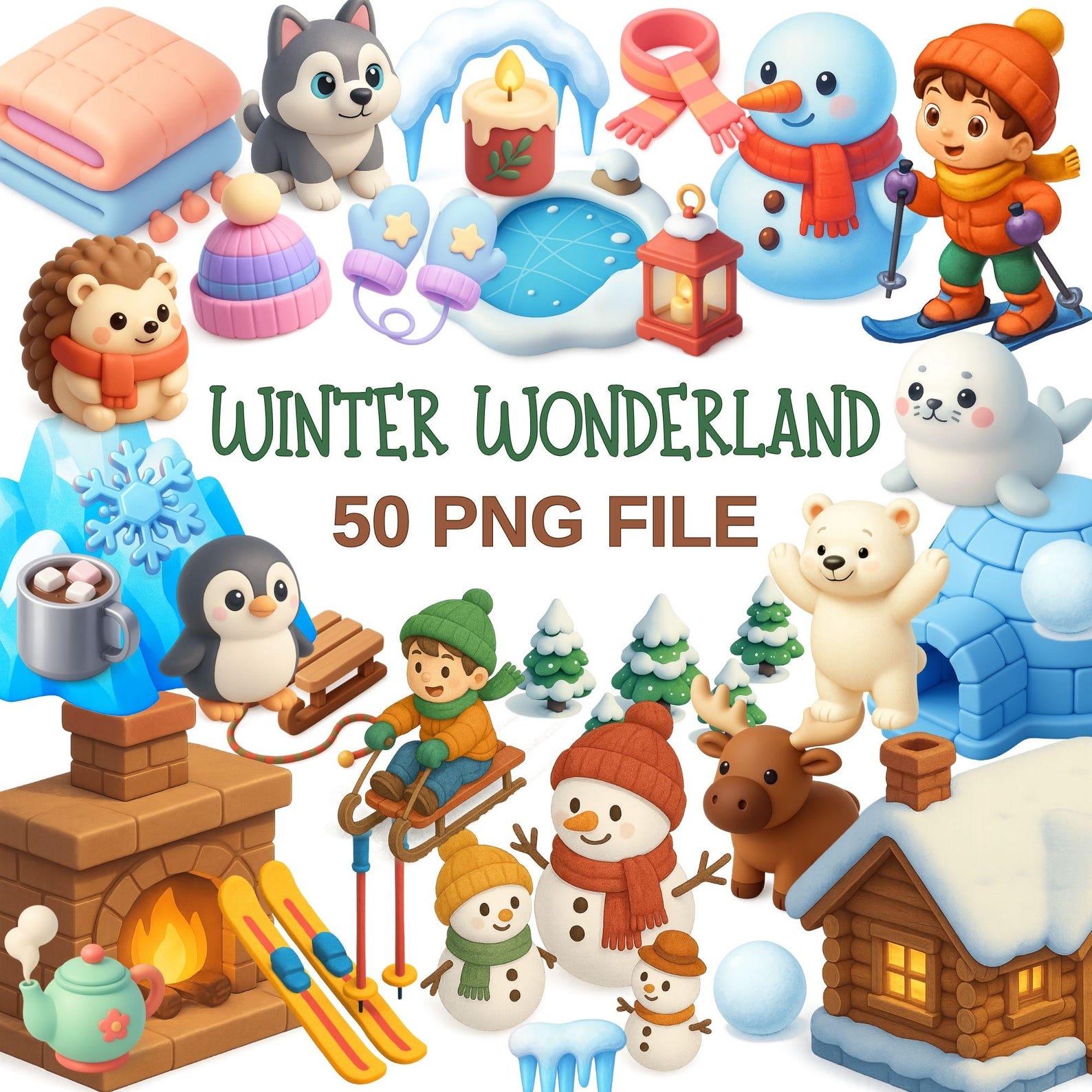 Winter Wonderland PNG Bundle | 50 Cute Winter Clipart | Snowman, Polar ...
