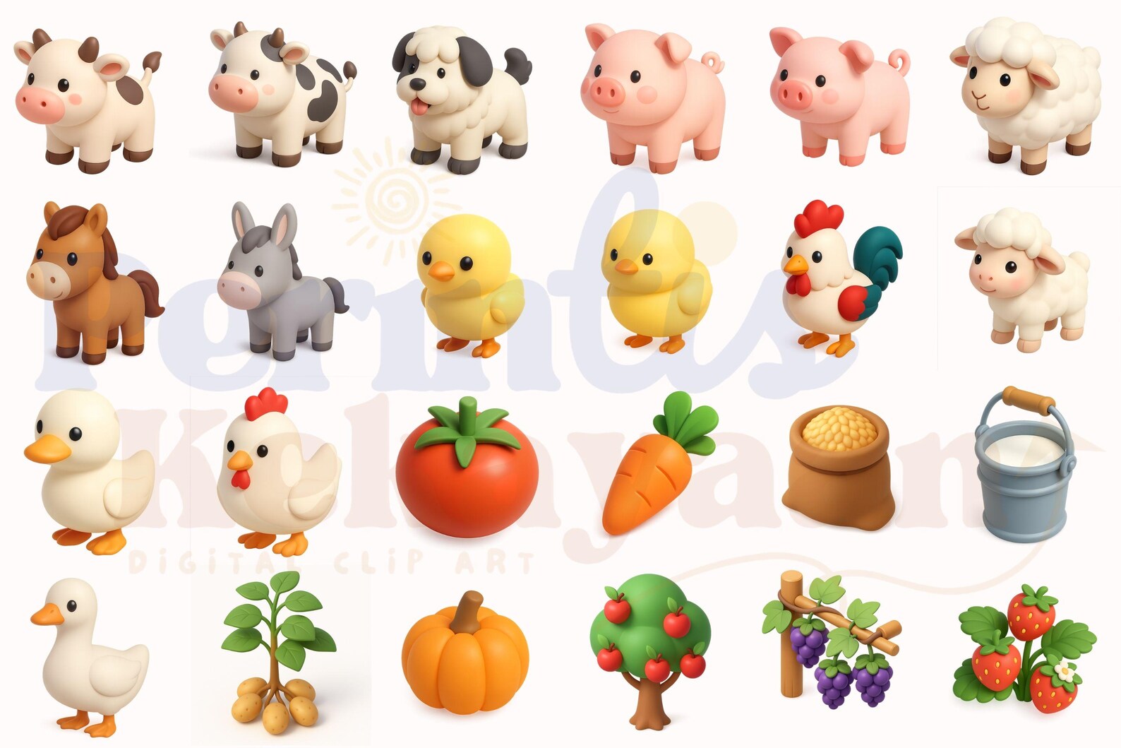 Farm Animal Clipart: 3D Isometric PNG Stickers (50 Items) - Etsy