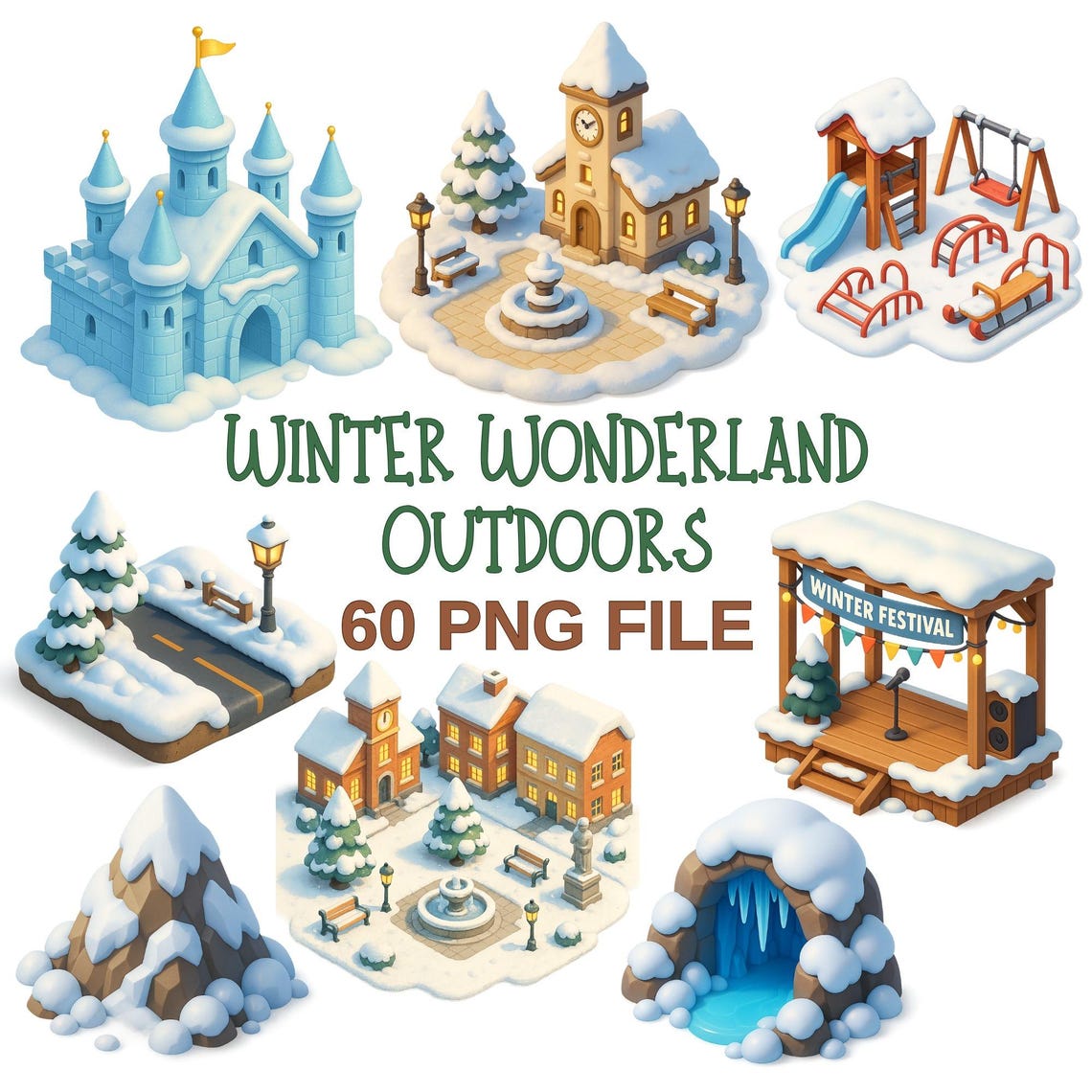 Winter Village Clipart Set | Snowy Town, Park, and Castle (60 PNG) - Etsy
