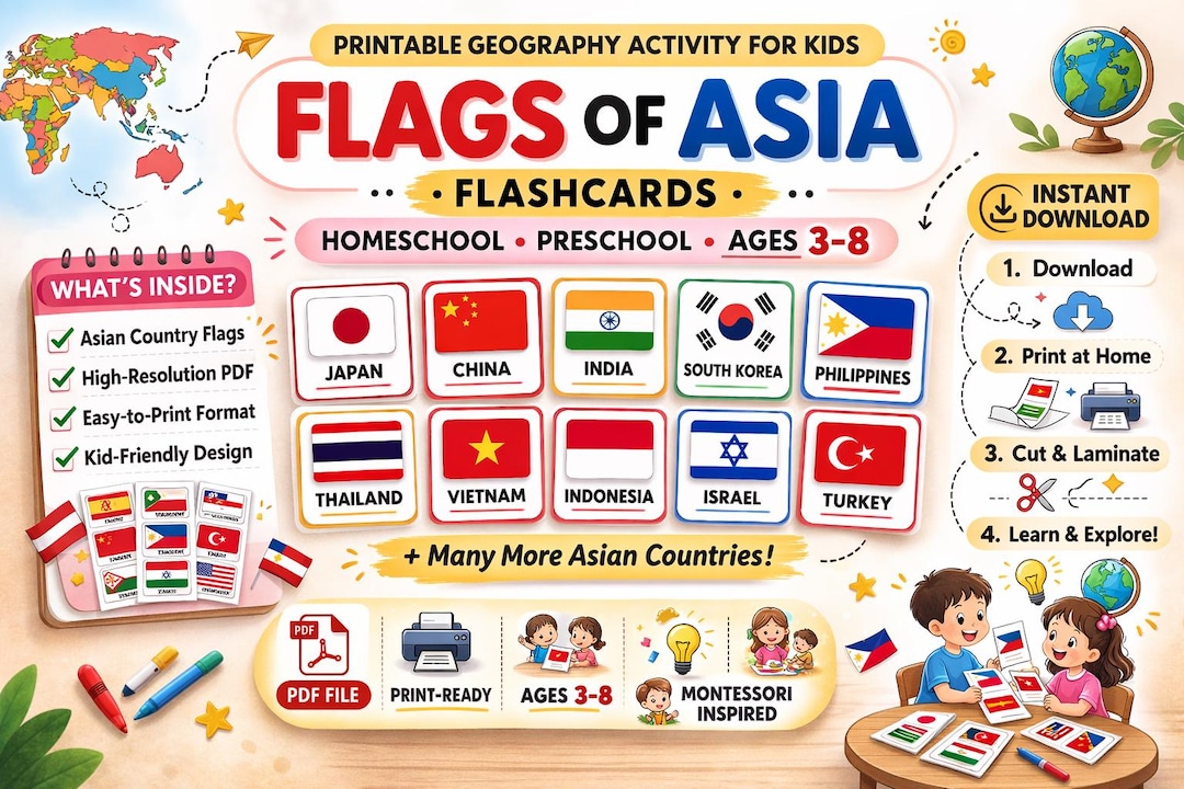 Flags of Asia Printable Flashcards | Kids Geography Activity (digital ...