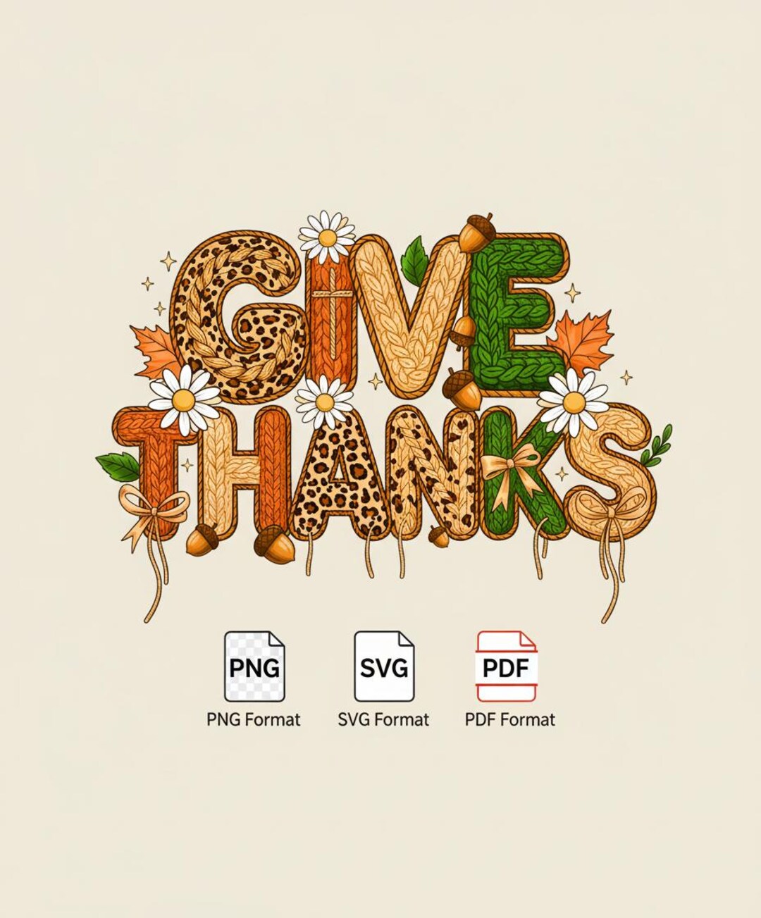 Preppy Give Thanks Faux Yarn PNG SVG , Preppy Leopard Pumpkins Autumn ...