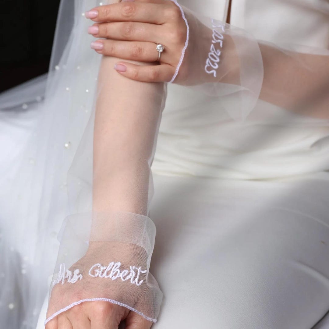 Personalized Wedding Gloves, Bridal Tulle Gloves, Custom Embroidered ...