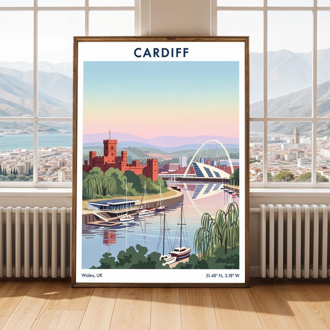 Cardiff Art Print – Modern Illustration, Pink Sunset, Waterfront ...