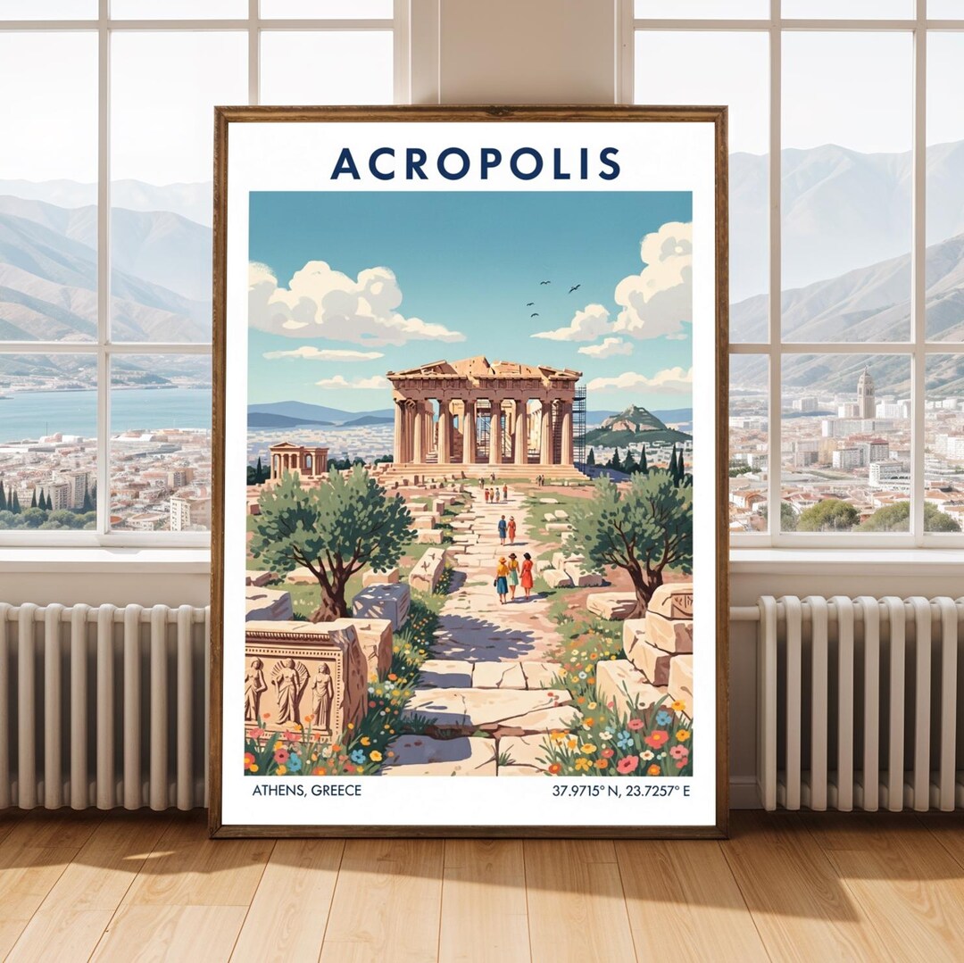 Acropolis Athens Art Print: Blue & Green Travel Illustration - Etsy