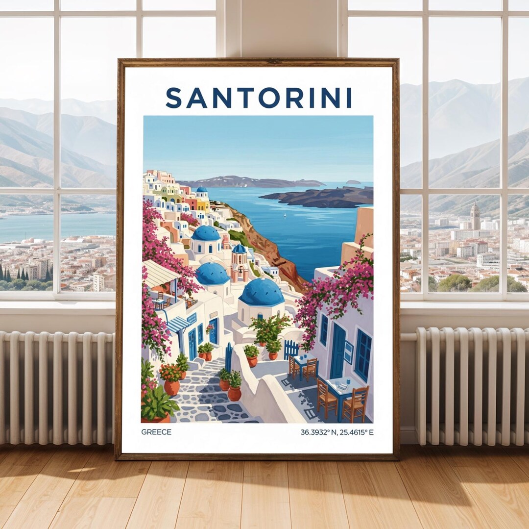 Santorini Art Print: Greek Islandscape With Blue Domes - Etsy