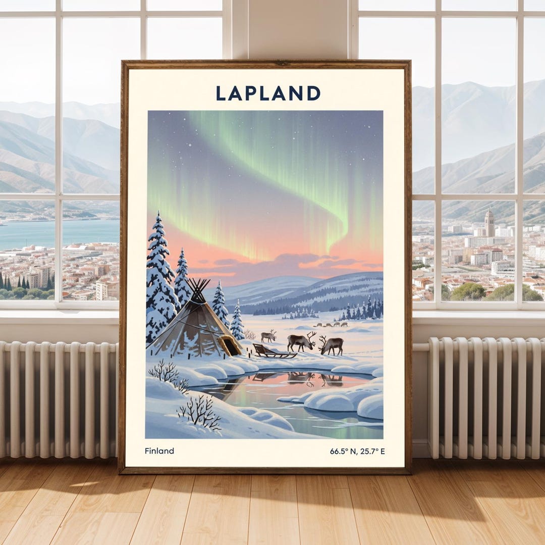 Lapland Travel Poster– Northern Lights, Snowy Landscape, Mixed Media ...