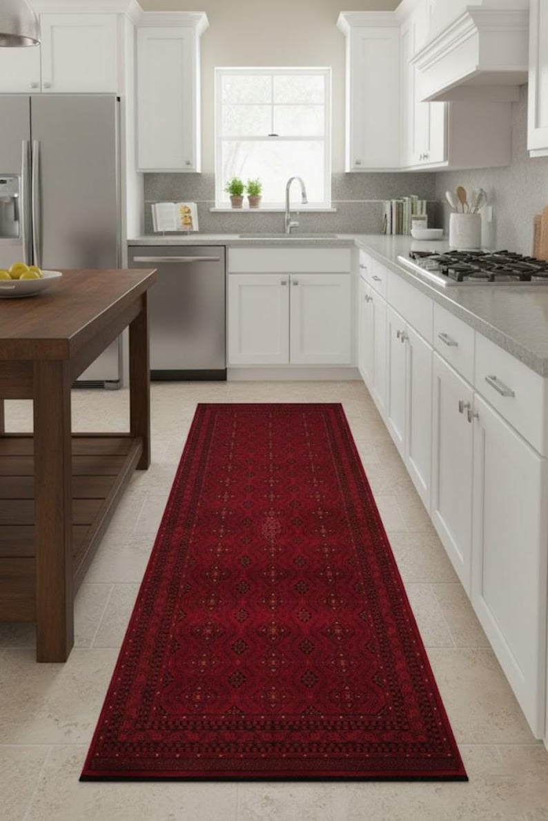 Afghan Pattern Red Rug, Authentic Bokhara Rug in Red With Traditional ...